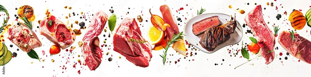 Meat border in horizontal line isolated on white. Different types of ...