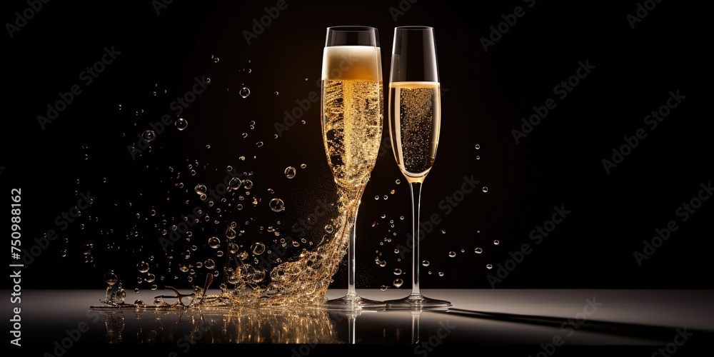 Golden, effervescent champagne in a tall glass with a play of light and ...