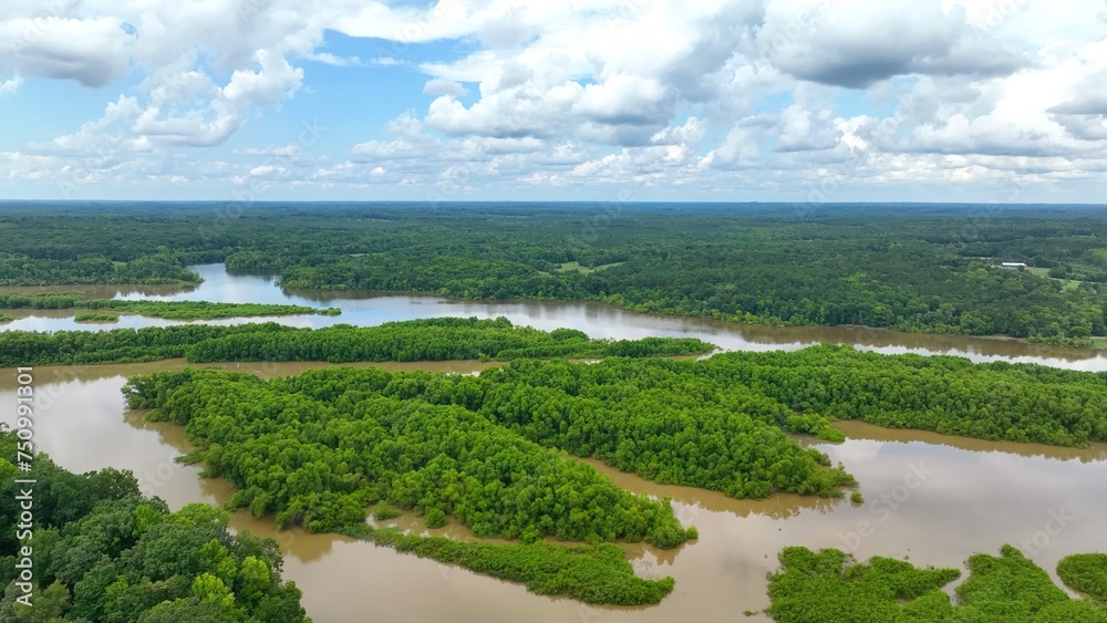 Big river water with green islands at Roanoke and Stauton River ...
