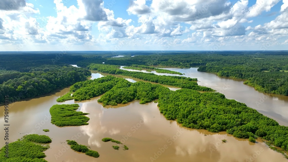 Big river water with green islands at Roanoke and Stauton River ...