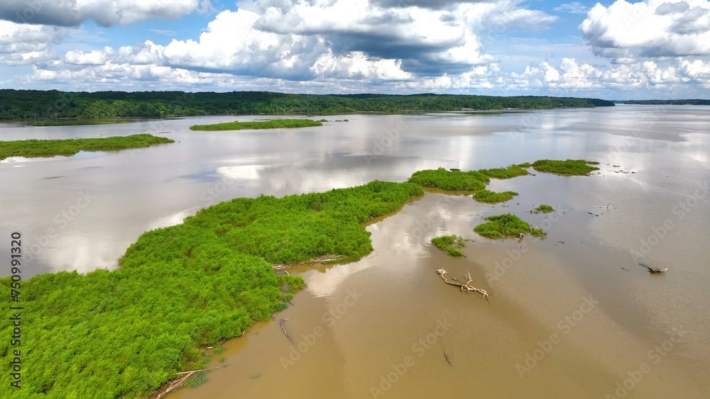 Big river water with green islands at Roanoke and Stauton River ...