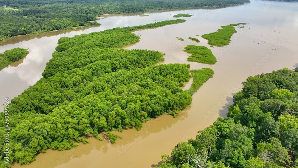 Big river water with green islands at Roanoke and Stauton River ...