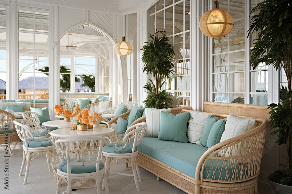 Nautical Color Schemes and Vintage Glass Panel Inspo in a Beach Cafe ...