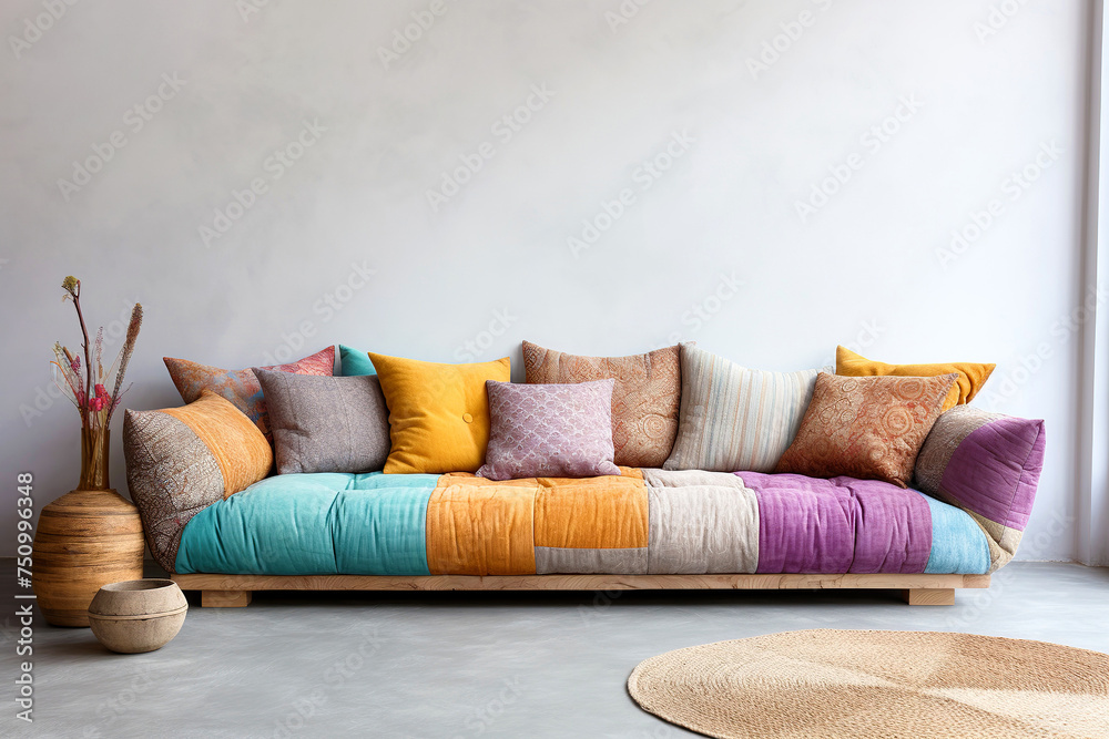 Colorful patchwork sofa against stucco wall with copy space. Eclectic ...