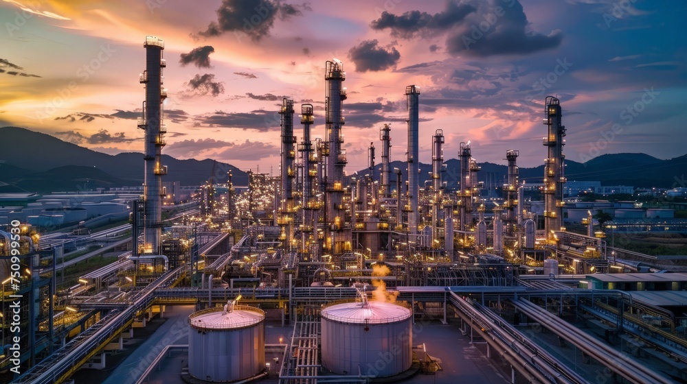 Oil refinery plant at sunset, The night view of petroleum and ...