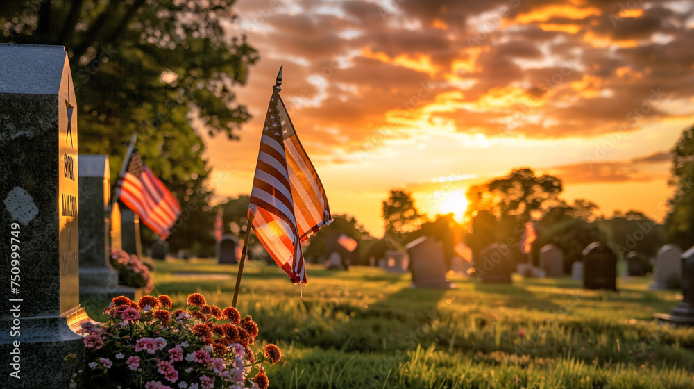 Cemetery with American Flags at Headstone During Sunset in Honor of ...