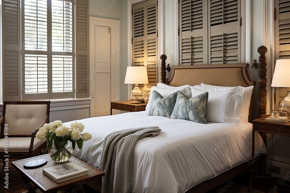 Chic Boutique Hotel Room: Plantation Shutter Windows, Luxurious Bed ...