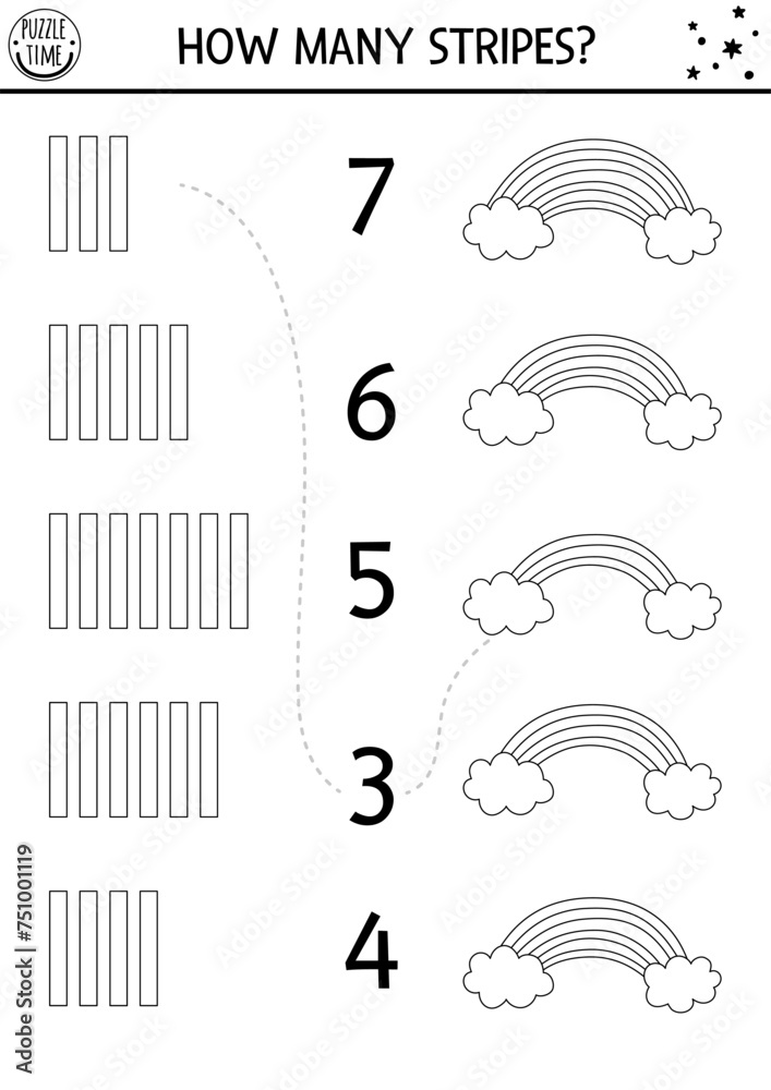 Black and white match the numbers unicorn game with rainbow, clouds ...