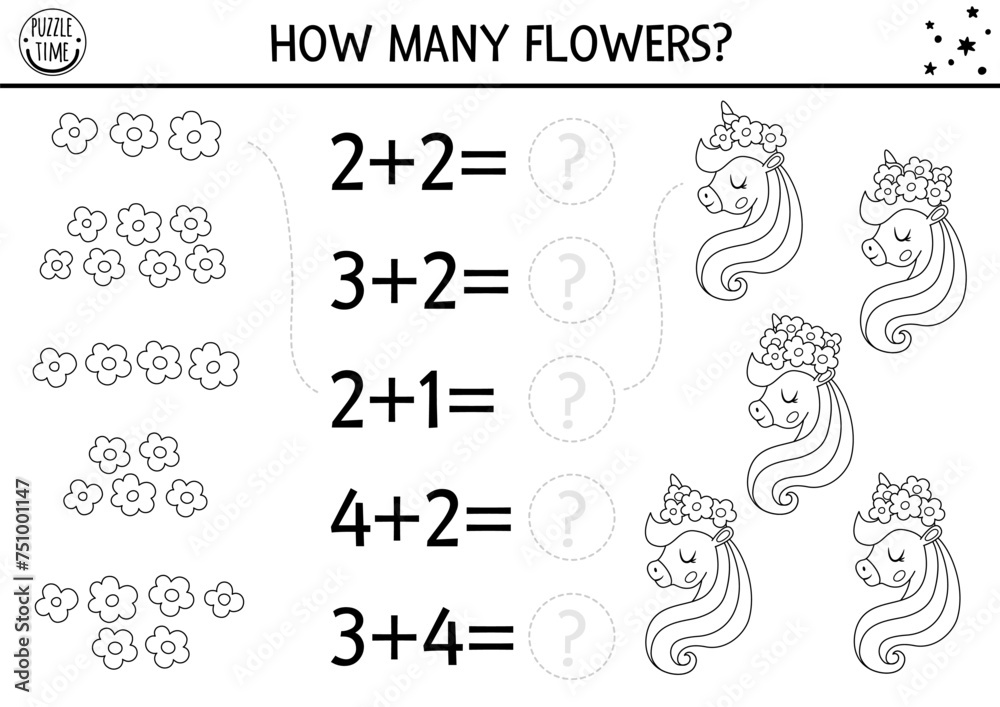 Black and white how many flowers game with cute unicorn head. Magic ...