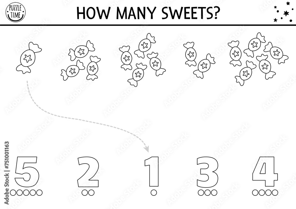 Vetor de Black and white match the numbers unicorn game with sweets ...