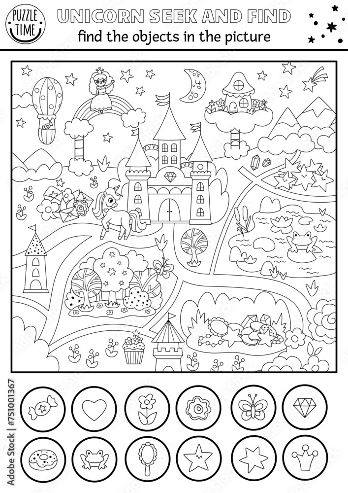 Unicorn vector searching game with magic village landscape. Spot hidden ...
