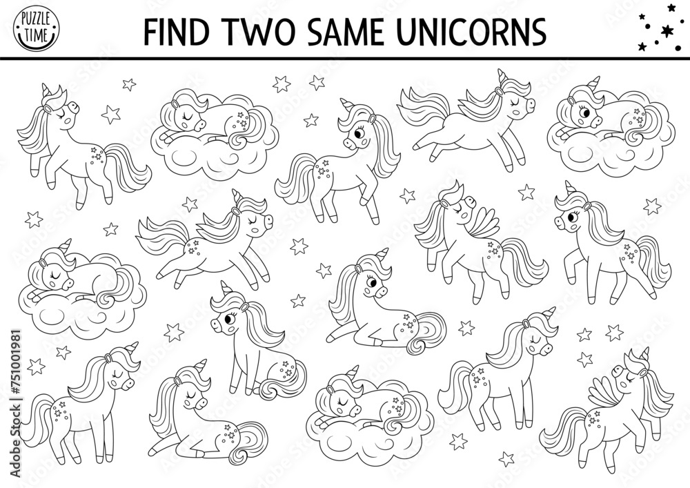 Find two same unicorns coloring page. Magic world matching activity for ...