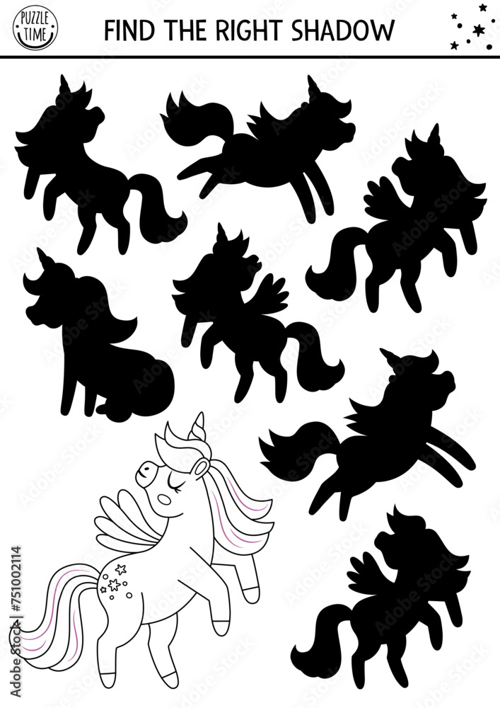 Unicorn shadow matching activity with horse with horn, wings. Magic ...