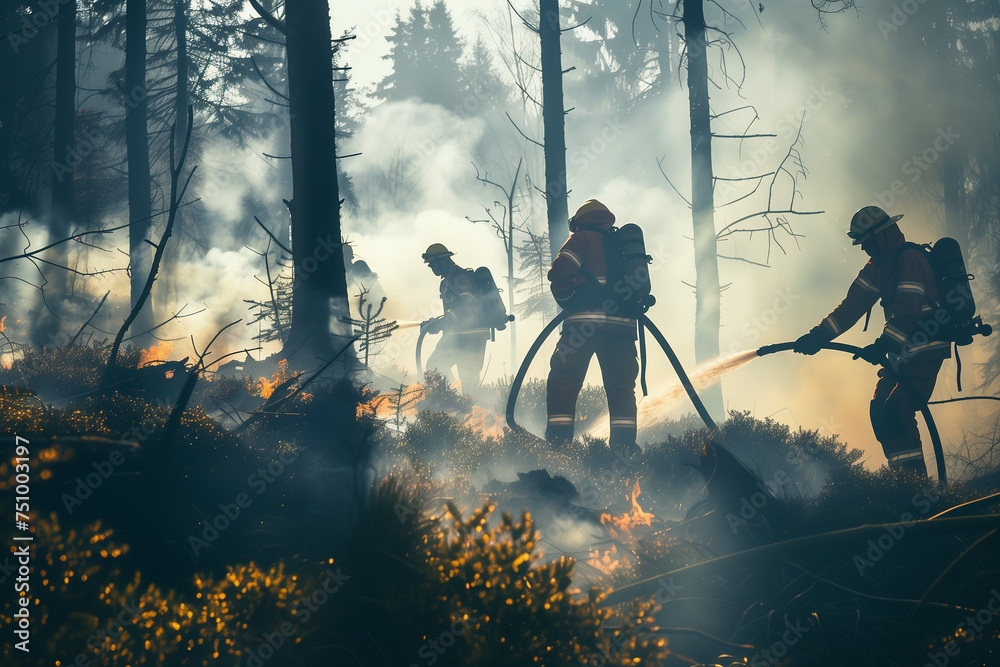 Firefighters extinguishing a fire in a forest, heroes extinguishing ...