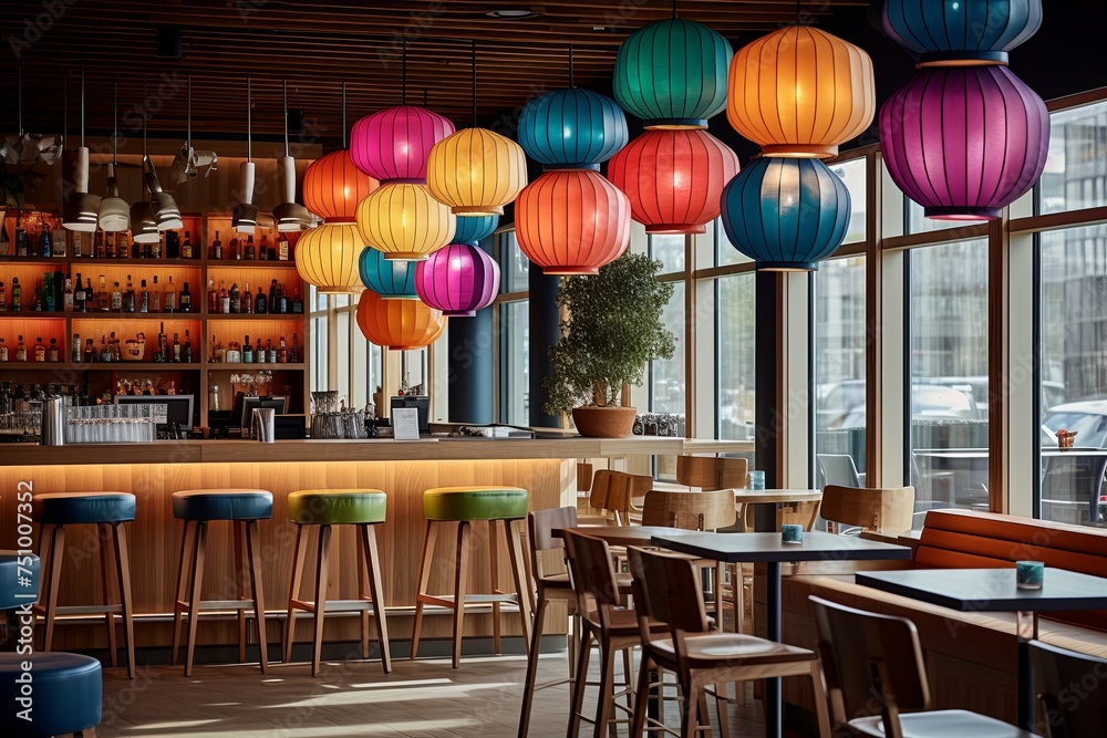 Colorful Lantern-Lit Chic Cafe: Wooden Bar and Contemporary Seating ...