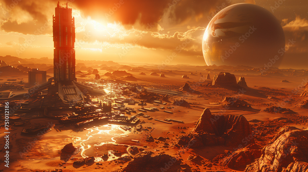 Futuristic colony on an alien desert planet at sunset: sci-fi landscape ...