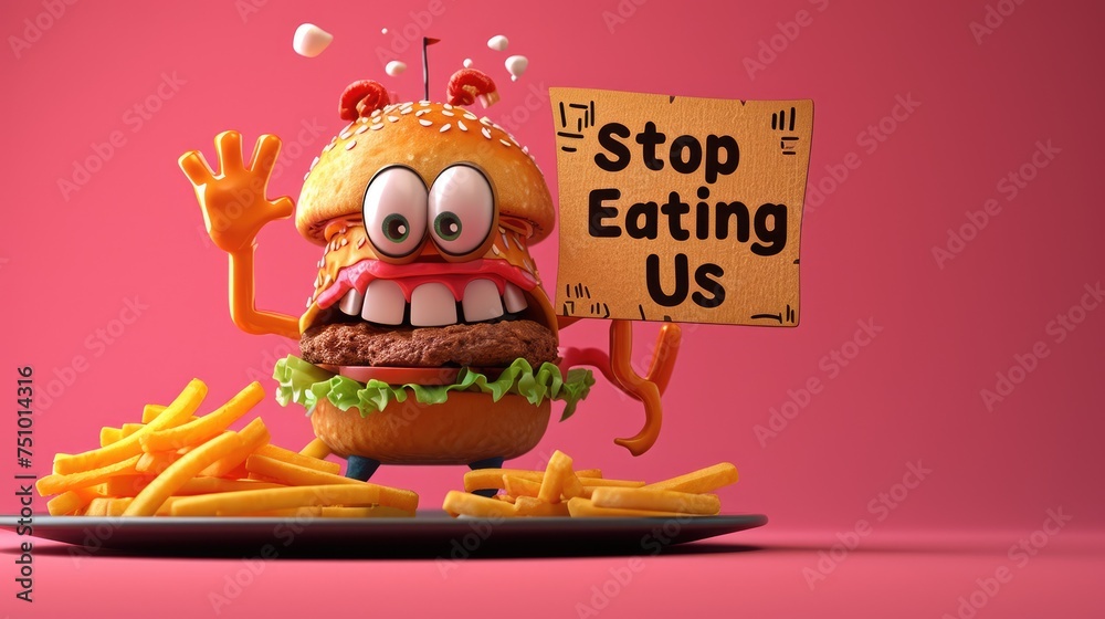 Whimsical plea: cartoon characters, fast food holding a sign 'Stop ...