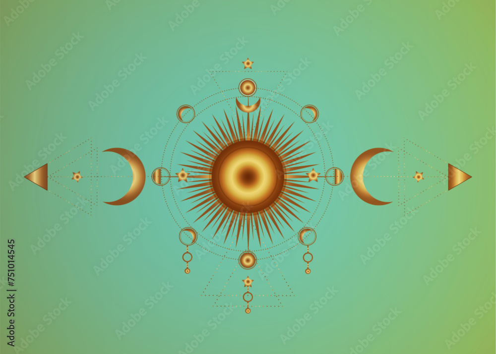 Circle of a moon phases and radiant sun, gold sacred geometry. Triple ...