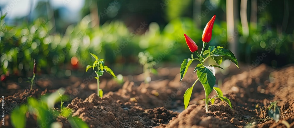 A cluster of vibrant red peppers, known as red chili peppers, growing ...