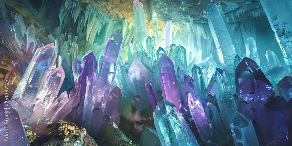 Crystal Caverns: A mesmerizing underground cavern filled with glittering crystals and ...