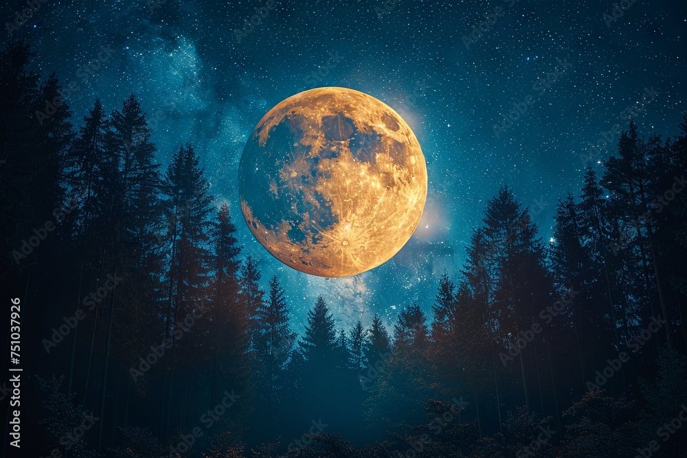 moonrise sky, stars, milky and trees, in the style of spectacular ...