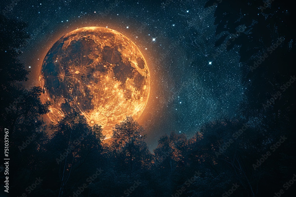 moonrise sky, stars, milky and trees, in the style of spectacular ...