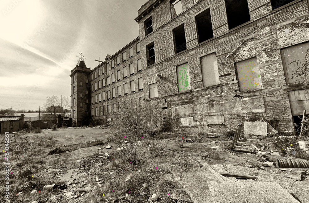 Derelict Victorian mill, built with Yorkshire stone, near, Canal Road ...