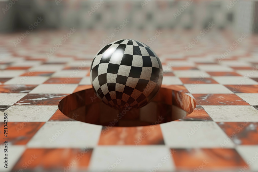 Checkered Sphere Approaching an Optical Illusion Hole on a Tiled Floor ...
