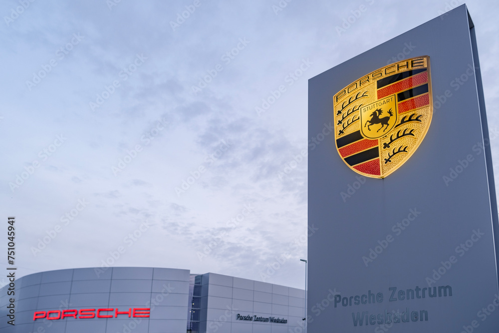 Advertising banners Porsche, car dealership building, Porsche Automobil ...