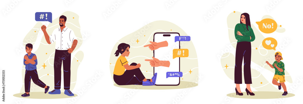 Childhood trauma set. Man and woman shoot at their kids. Mental and ...