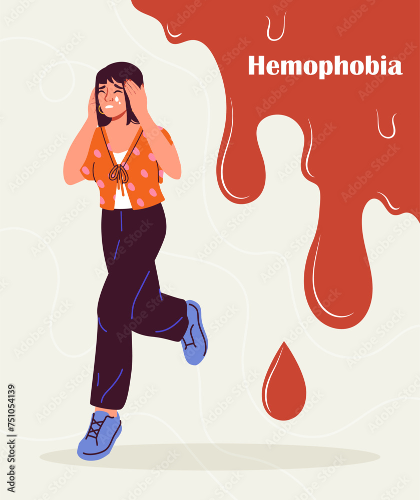Woman with hemophobia concept. Young girl run away from red drips and ...