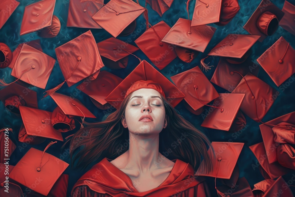 Graduate submerged in a dreamy sea of mortarboards - A serene graduate ...