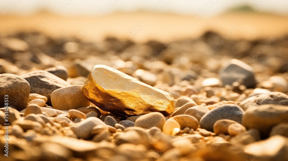 A gold nugget sits atop a rock, catching the light and gleaming in the ...