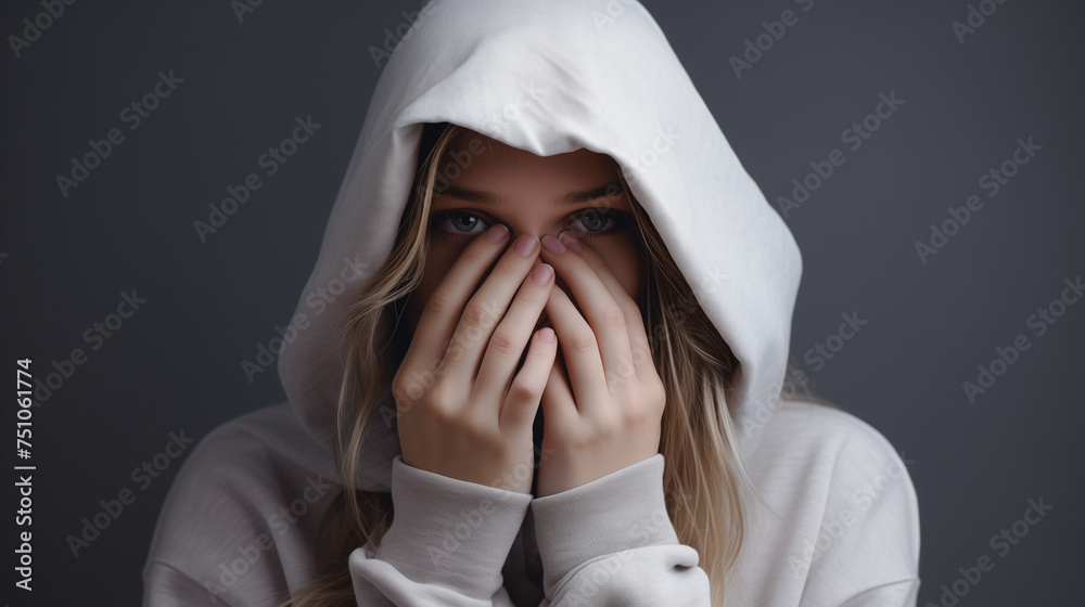 Girl Wearing a with a white hoodie pulled over her head, concealing her ...