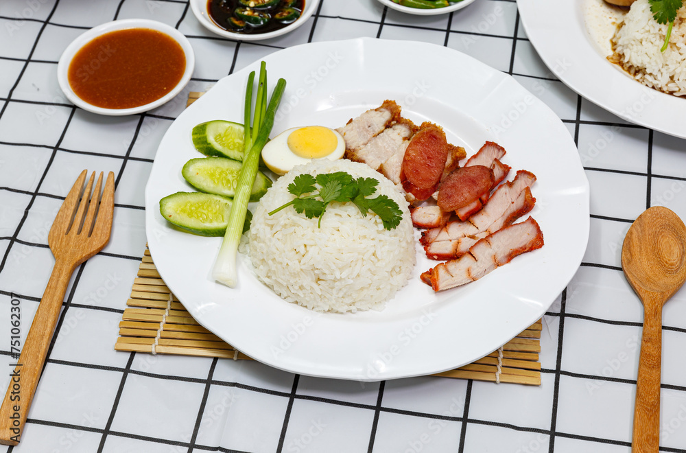 Crispy roasted belly pork Chinese style and rice. THAI FOOD Stock Photo ...
