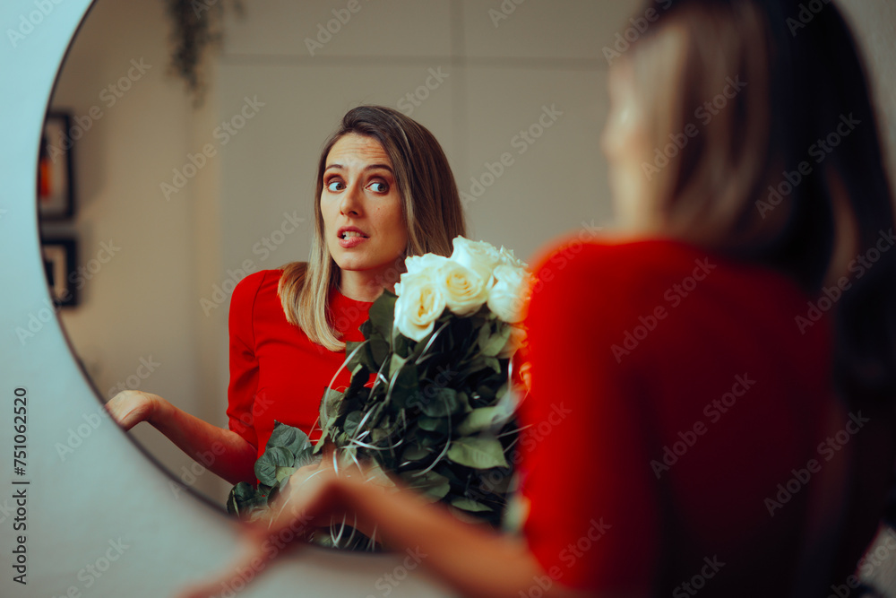 Clueless Woman Looking in the Mirror Receiving Roses. Puzzled girl ...