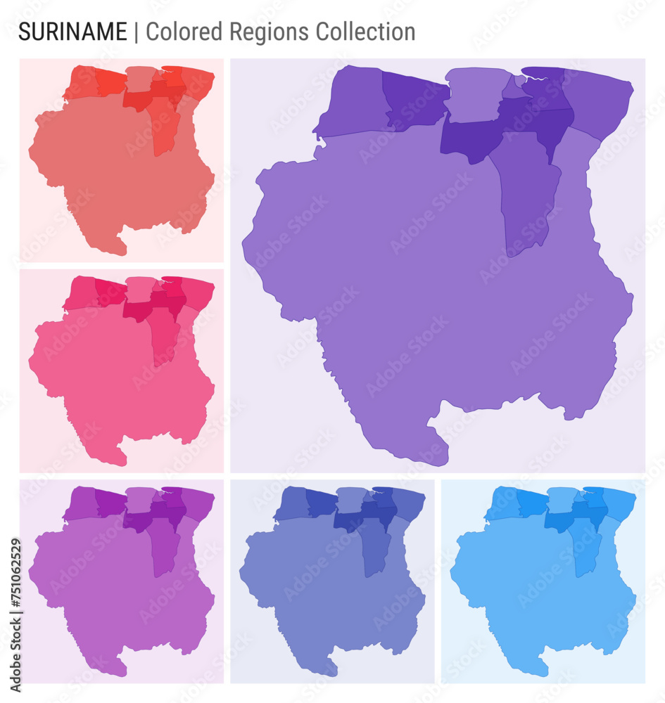 Suriname map collection. Country shape with colored regions. Deep ...