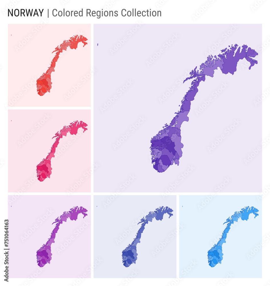 Norway map collection. Country shape with colored regions. Deep Purple ...