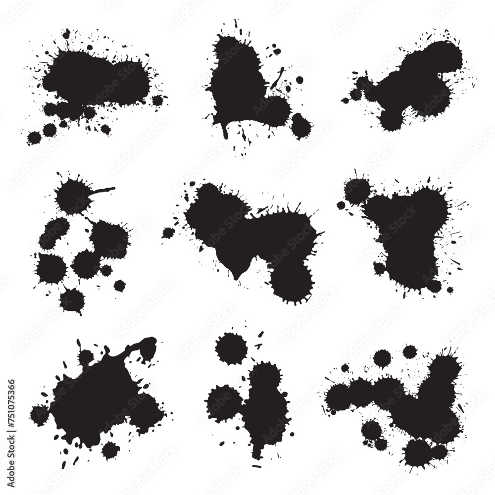 Ink drops and splashes. Blotter spots, liquid paint drip drop splash ...