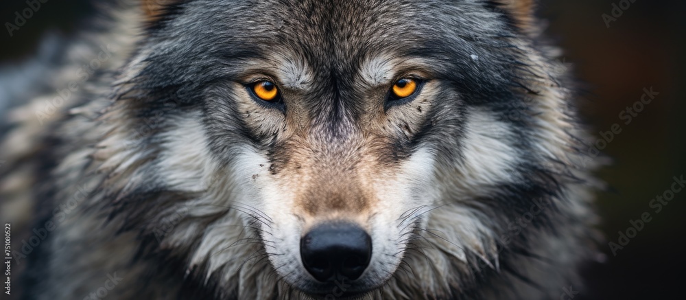 A close up of a grey wolfs face, showcasing its yellow eyes filled with raw power and intense ...