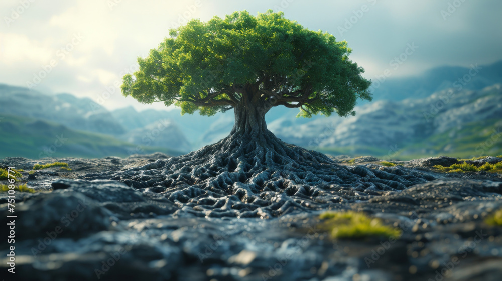Growing Tree of Finances A futuristic tree with roots representing the ...