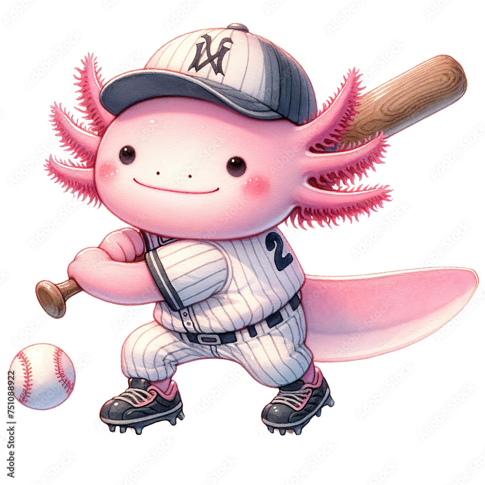 Axolotl characters playing baseball in various poses. Watercolor ...