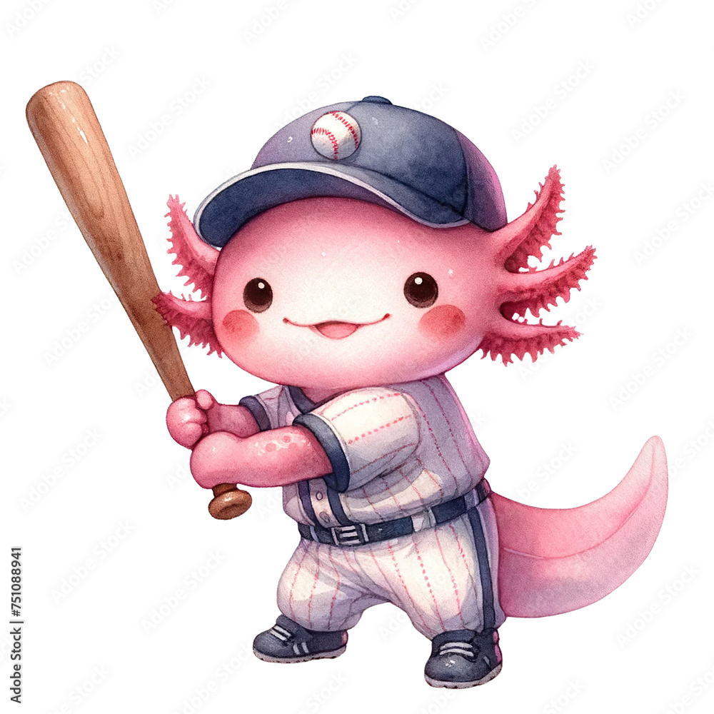 Axolotl characters playing baseball in various poses. Watercolor ...