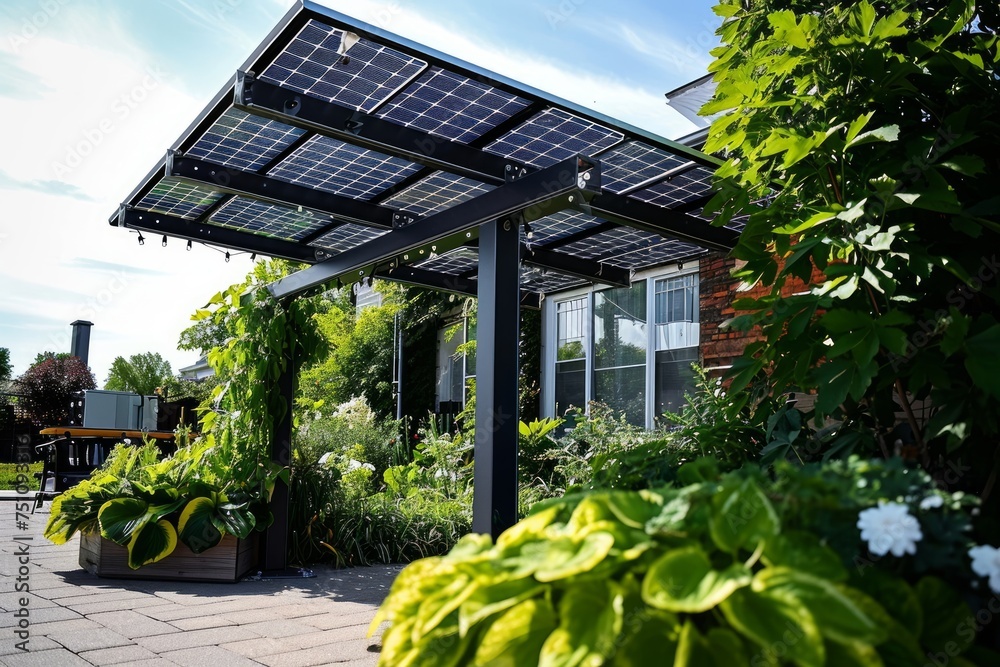 Foto de Solar panel pergola in urban setting, showcasing clean energy ...