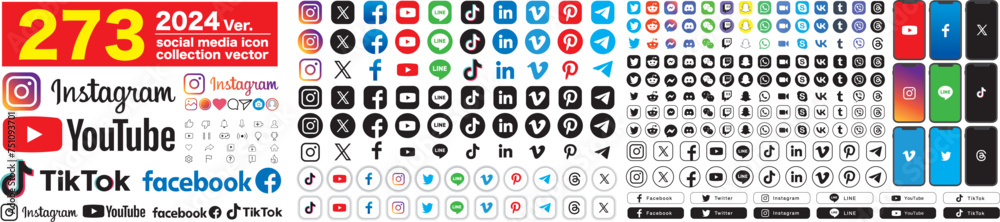 SNS icon logo 2024 X, twitter, instagram, youtube, tiktok, facebook ...