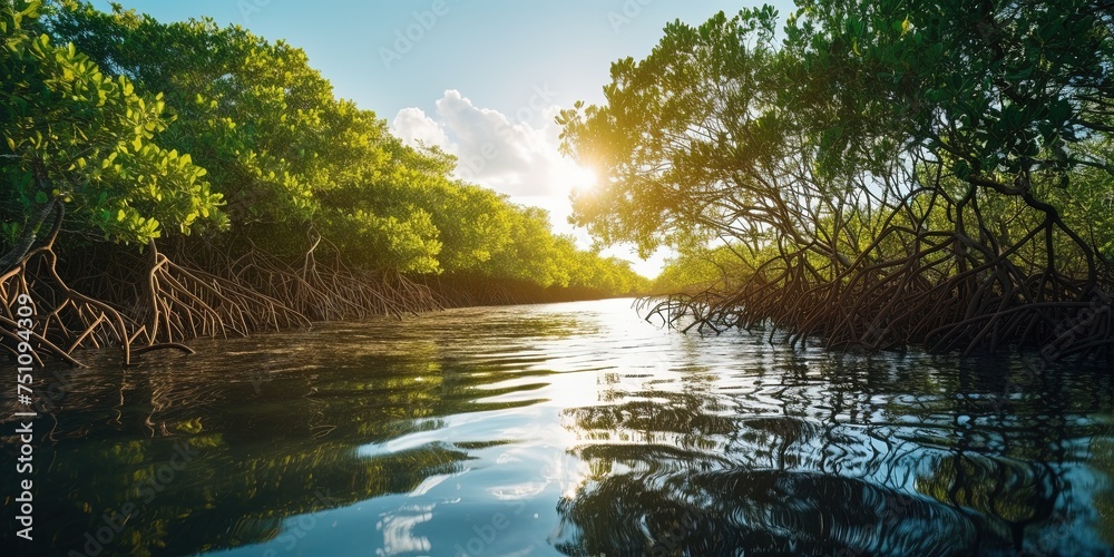 Green mangrove forest with morning sunlight. Mangrove ecosystem. Natural carbon sinks. Mangroves ...