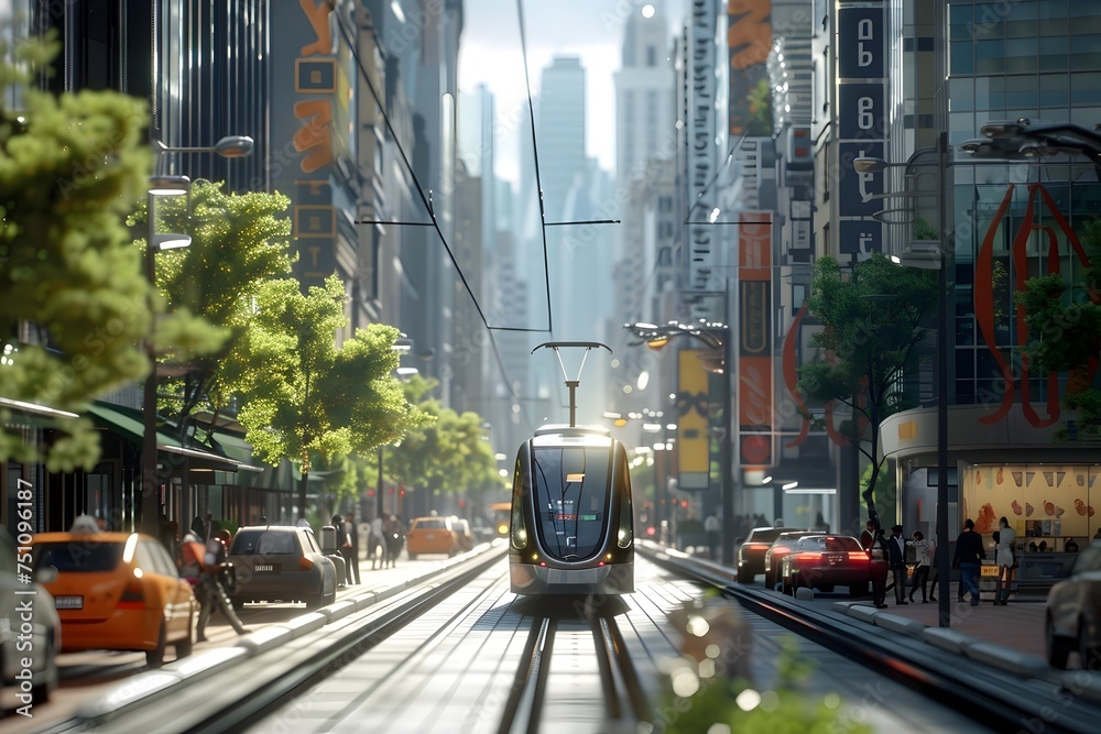 A beautifully lit city street showcases a city train passing by in the ...