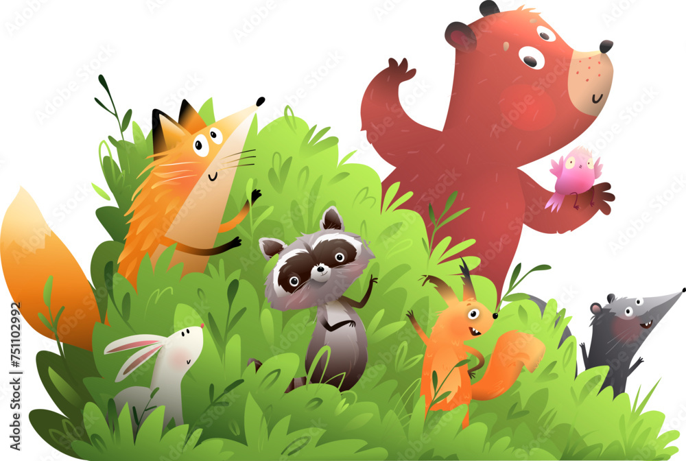 Cute animals friends in the forest bush. Bear fox raccoon squirrel and ...