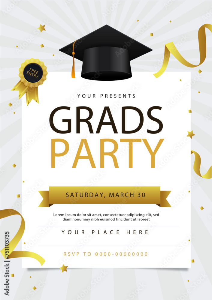 Graduate capand confetti on a white background. Grades party, poster ...
