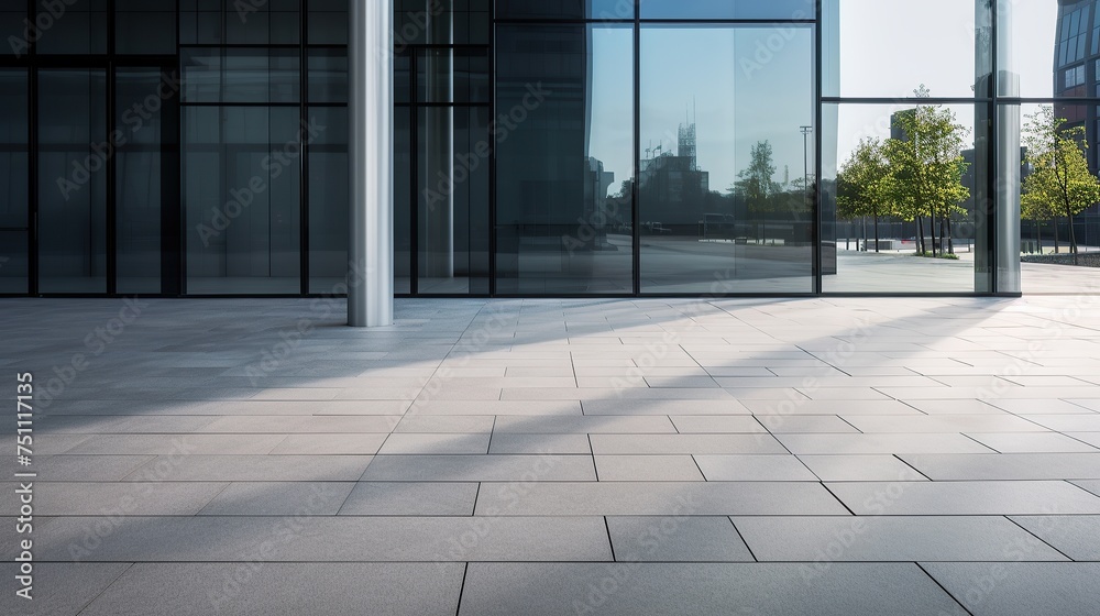 empty sidewalk in front of the entrance of a modern glass office ...